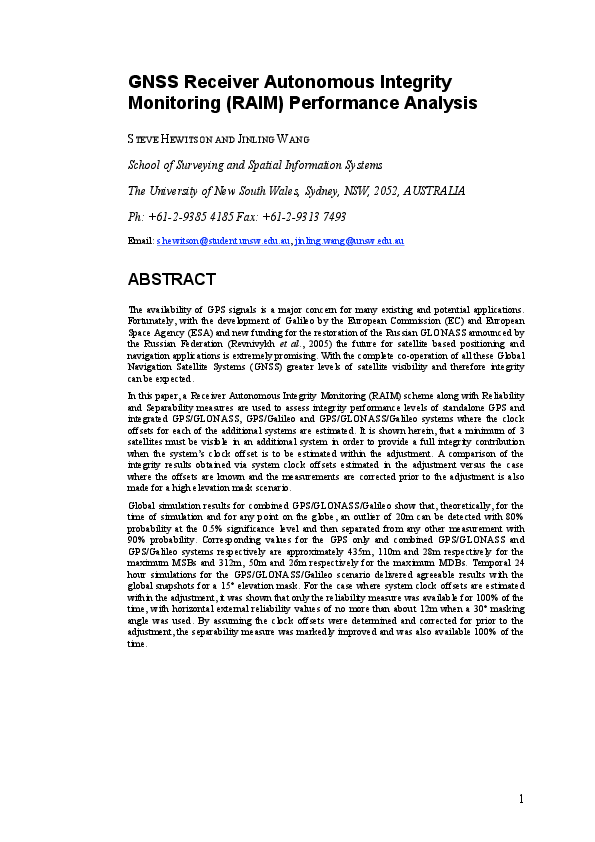 (PDF) GNSS receiver autonomous integrity monitoring (RAIM) performance analysis