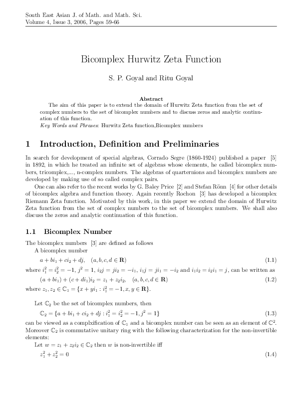 (PDF) Bicomplex Hurwitz zeta function