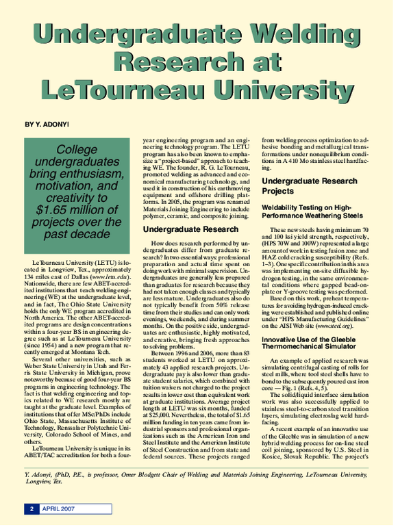 (PDF) Undergraduate welding research at LeTourneau university