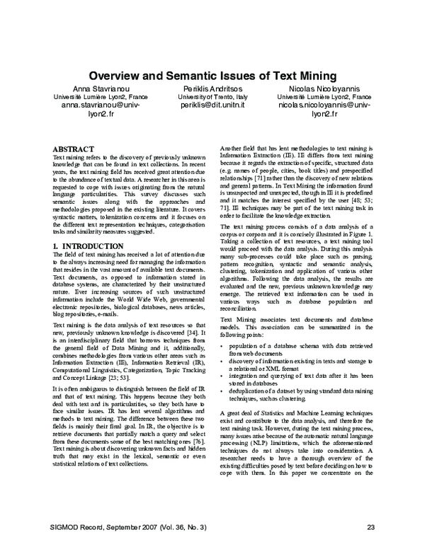 (PDF) Overview and Semantic Issues of Text Mining