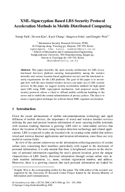 Xml Signcryption Based Lbs Security Protocol Acceleration Methods In