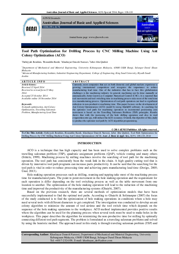 (PDF) Tool Path Optimization for Drilling Process by CNC Milling Machine Using Ant Colony ...