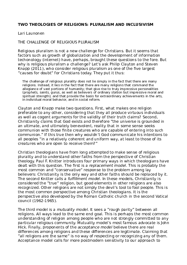 (DOC) Two Theologies of Religions: Pluralism and Inclusivism