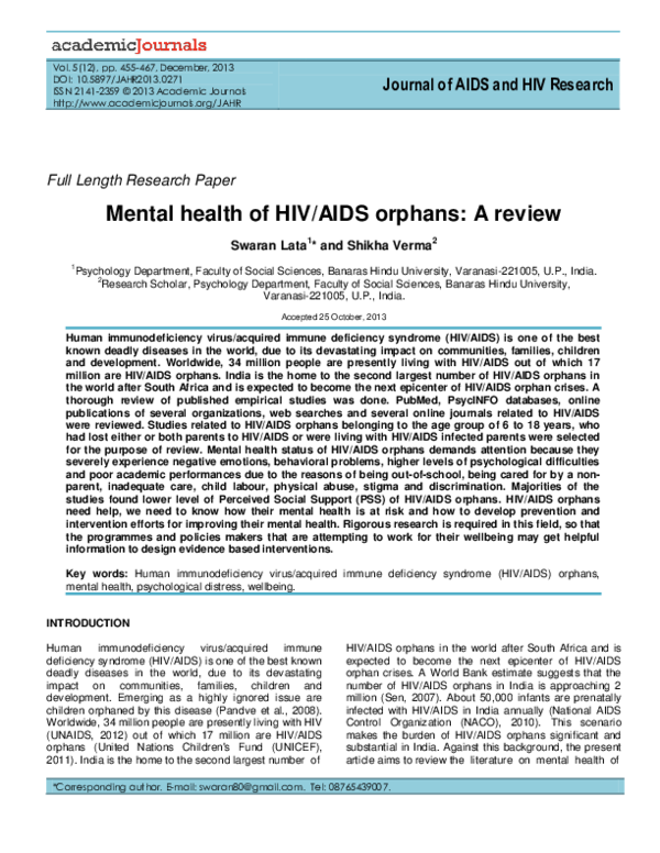 (PDF) Journal of AIDS and HIV Research Mental health of HIV/AIDS ...