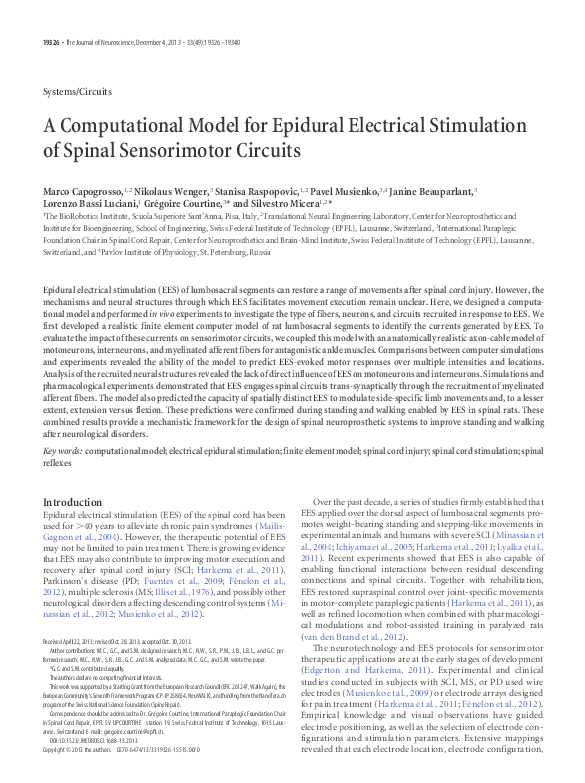 (PDF) A Computational Model for Epidural Electrical Stimulation of Spinal Sensorimotor Circuits