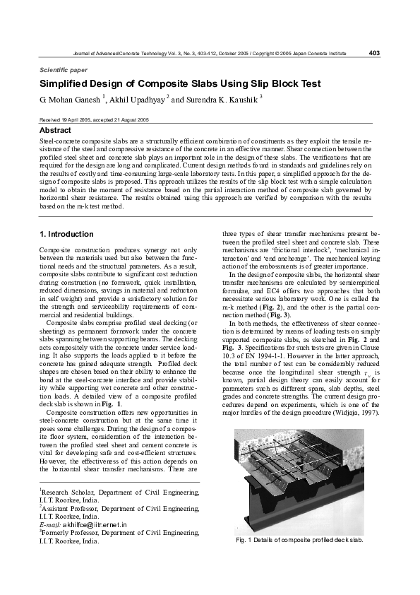 (PDF) Simplified Design of Composite Slabs Using Slip Block Test