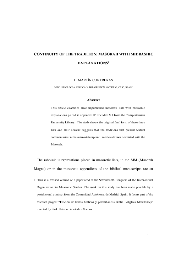 (PDF) Continuity of the Tradition: Masorah with Midrashic Explanations