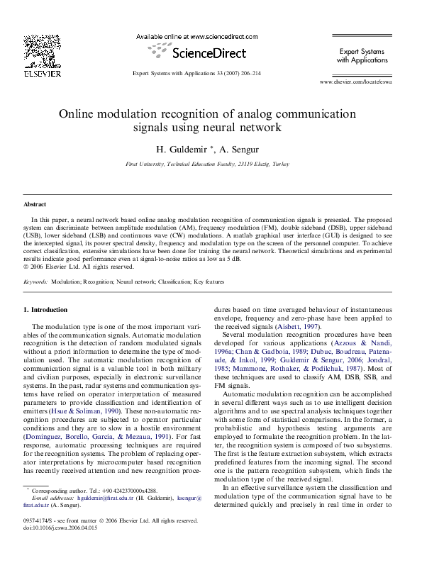 Pdf Online Modulation Recognition Of Analog Communication Signals Using Neural Network