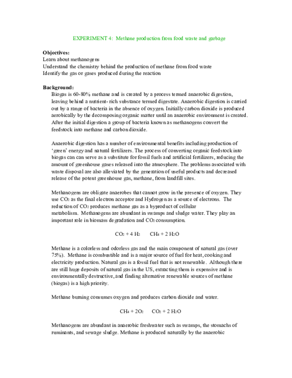(PDF) EXPERIMENT 4: Methane production from food waste and garbage