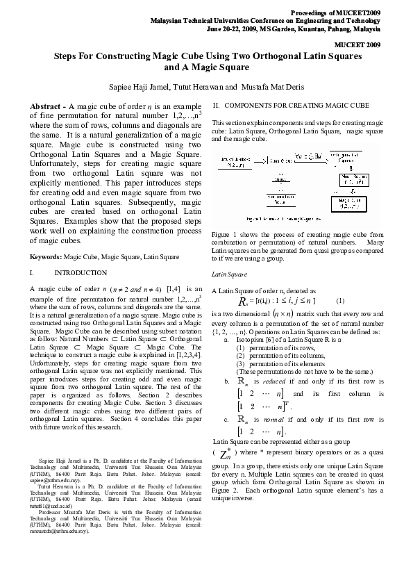 (PDF) Steps for constructing magic cube using two orthogonal Latin ...