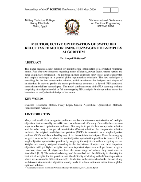 Pdf Multiobjective Optimization Of Switched Reluctance Motor Using Fuzzy Genetic Simplex Algorithm