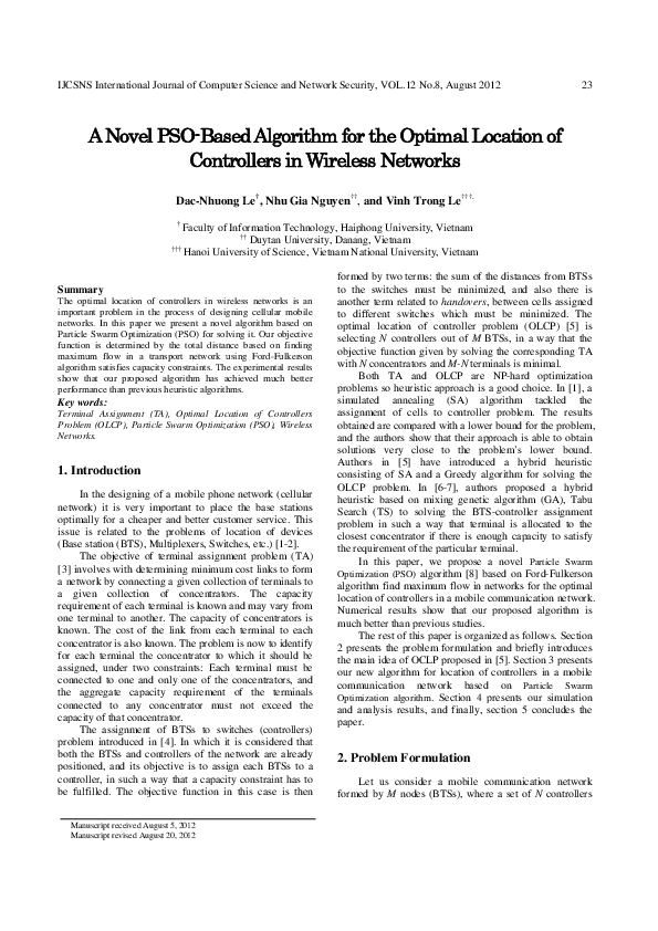 Pdf A Novel Pso Based Algorithm For The Optimal Location Of Controllers In Wireless Networks 0947