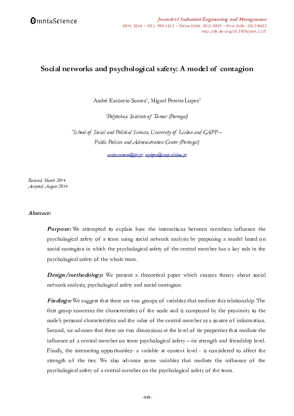 Pdf Social Networks And Psychological Safety A Model Of Contagion