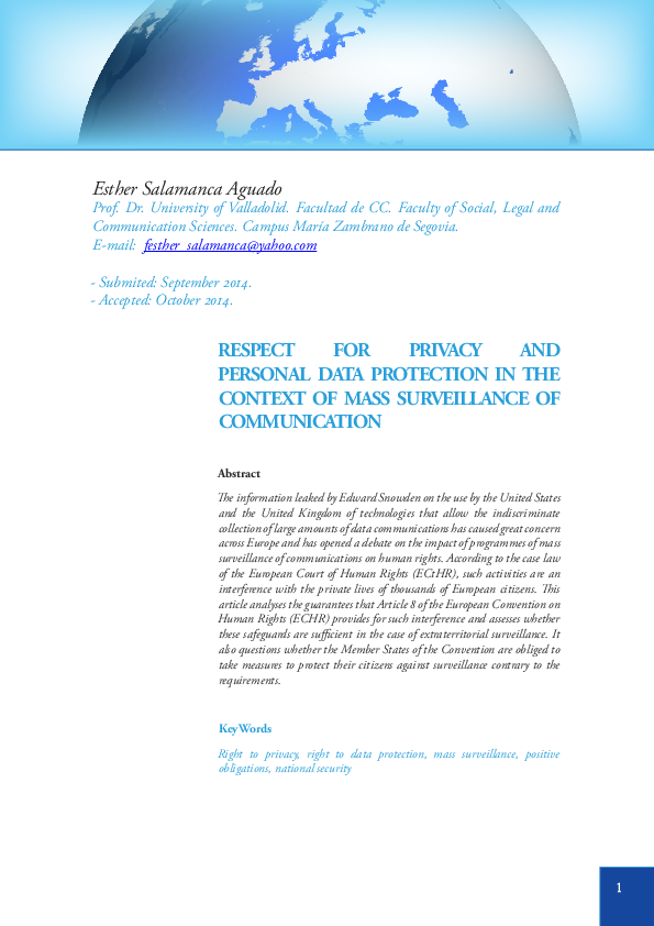 (PDF) RESPECT FOR PRIVACY AND PERSONAL DATA PROTECTION IN THE CONTEXT ...