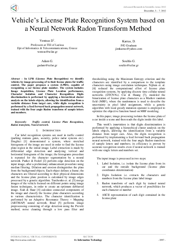 Pdf Vehicles License Plate Recognition System Based On A Neural Network Radon Transform Method