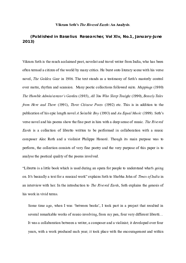 (DOC) Vikram Seth's Rivered Earth- An Analysis