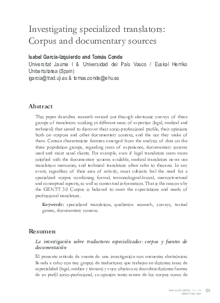 (PDF) Investigating Specialized Translators. Corpus and Documentary Sources