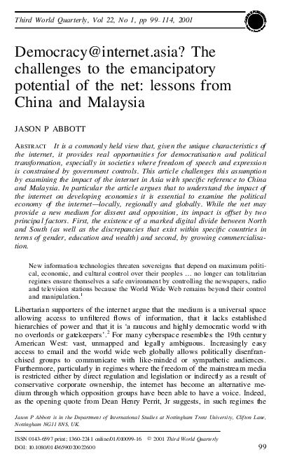 (PDF) Democracy@internet.asia? The challenges to the emancipatory ...