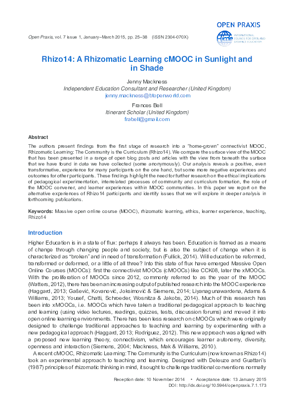 (PDF) Rhizo14: A Rhizomatic Learning cMOOC in Sunlight and in Shade