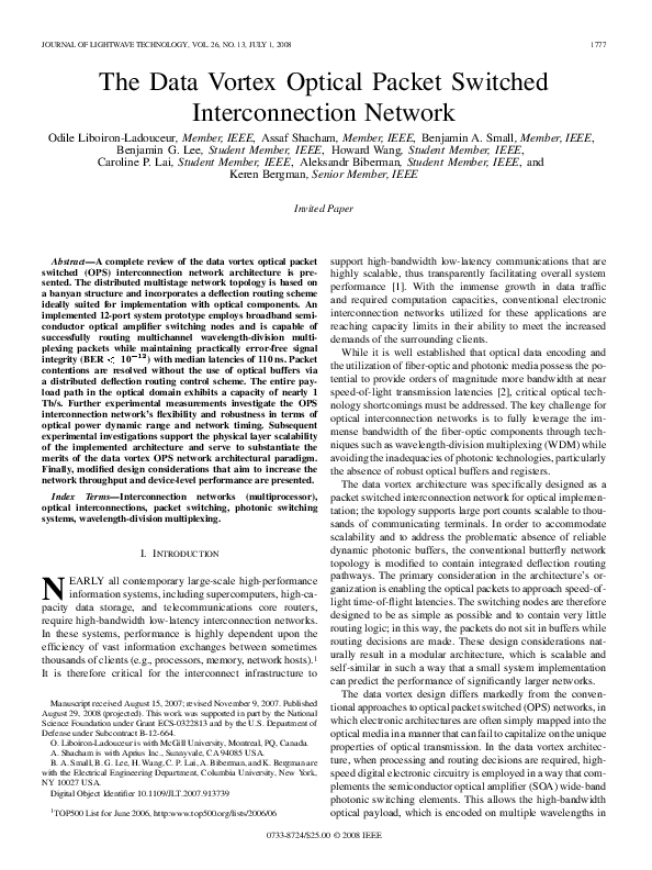 (PDF) The Data Vortex Optical Packet Switched Interconnection Network