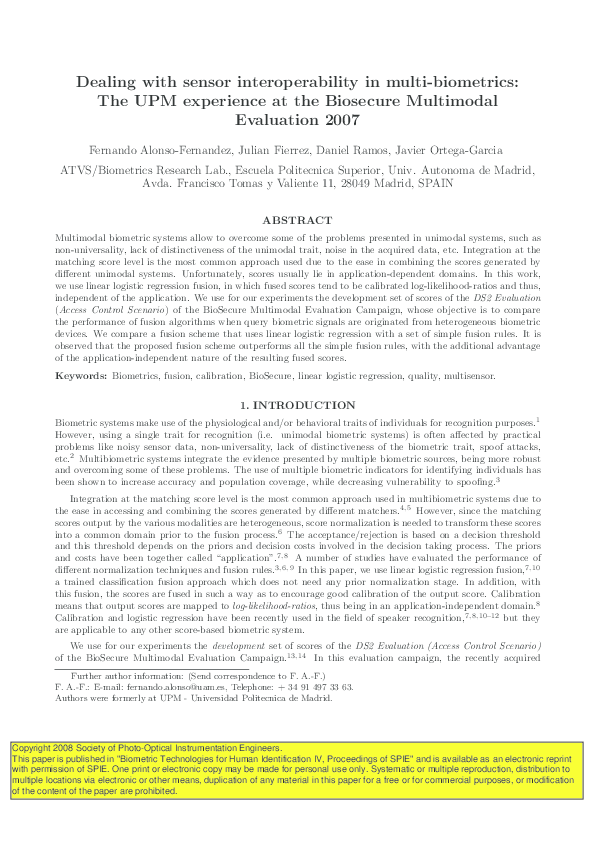(PDF) Dealing with sensor interoperability in multi-biometrics: the UPM experience at the ...