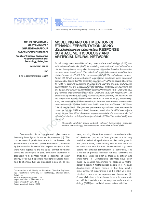 (PDF) MODELING AND OPTIMIZATION OF ETHANOL FERMENTATION USING Saccharomyces cerevisiae: RESPONSE ...