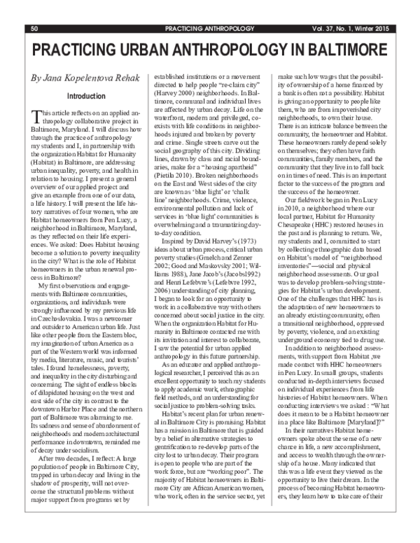 (PDF) Practicing Urban Anthropology in Baltimore