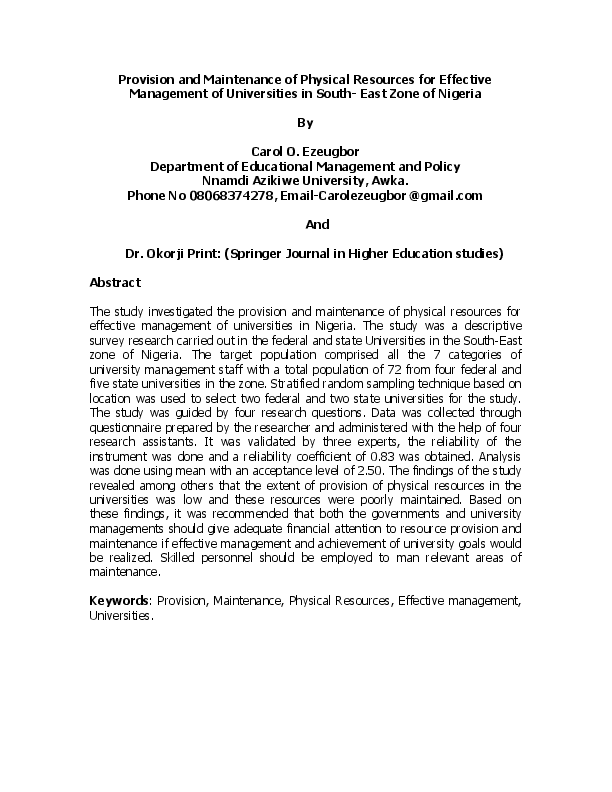 (PDF) Provision and Maintenance of Physical Resources for Effective ...