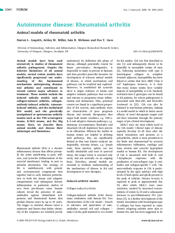 (PDF) Animal models of rheumatoid arthritis