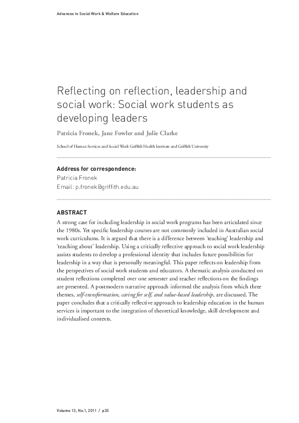 (PDF) Reflecting on reflection, leadership and social work: Social work ...