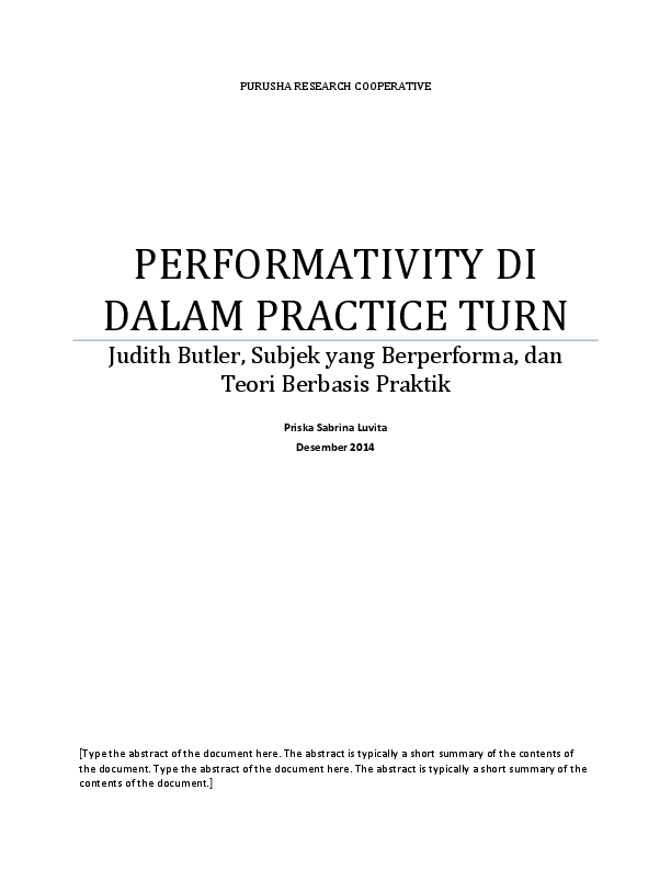 (PDF) PERFORMATIVITY DI DALAM PRACTICE TURN: Judith Butler, Subjek yang Berperforma, dan Teori ...