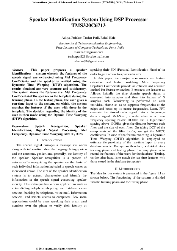 (PDF) Speaker Identification System using DSP processor TMS320C6713