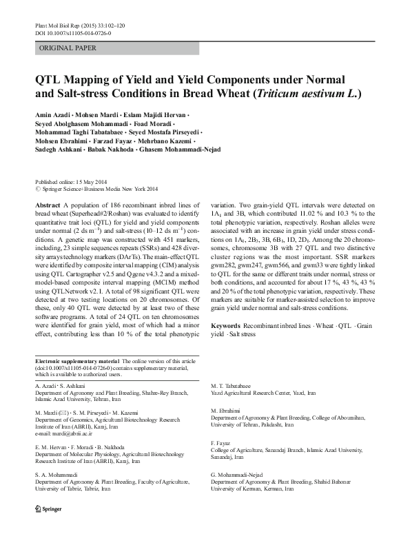 (PDF) ORIGINAL PAPER QTL Mapping of Yield and Yield Components under Normal