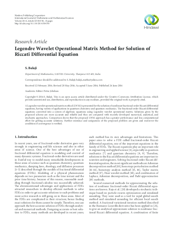 Research Article Legendre Wavelet Operational Matrix Method For Solution Of Riccati Differential