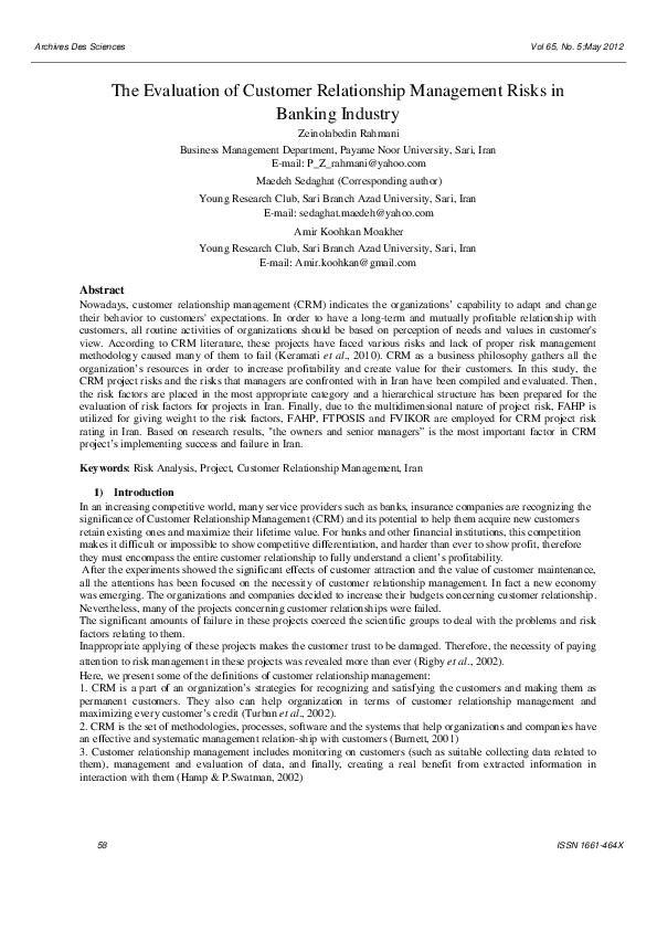 The Evaluation of Customer Relationship Management Risks in Banking ...