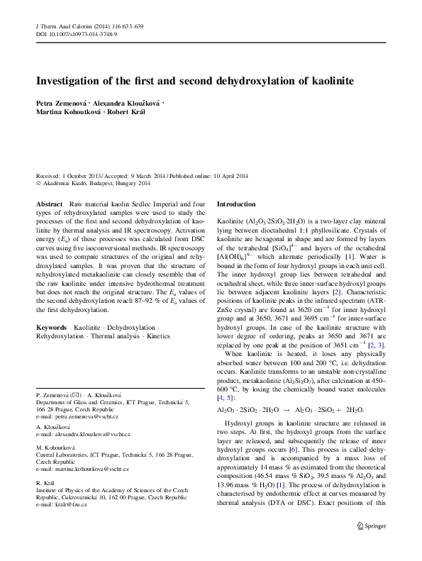 (PDF) Investigation of the first and second dehydroxylation of kaolinite