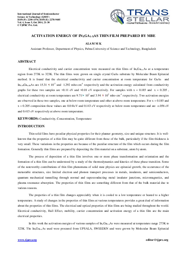 (PDF) ACTIVATION ENERGY OF INXGA1-XAS THIN FILM PREPARED BY MBE