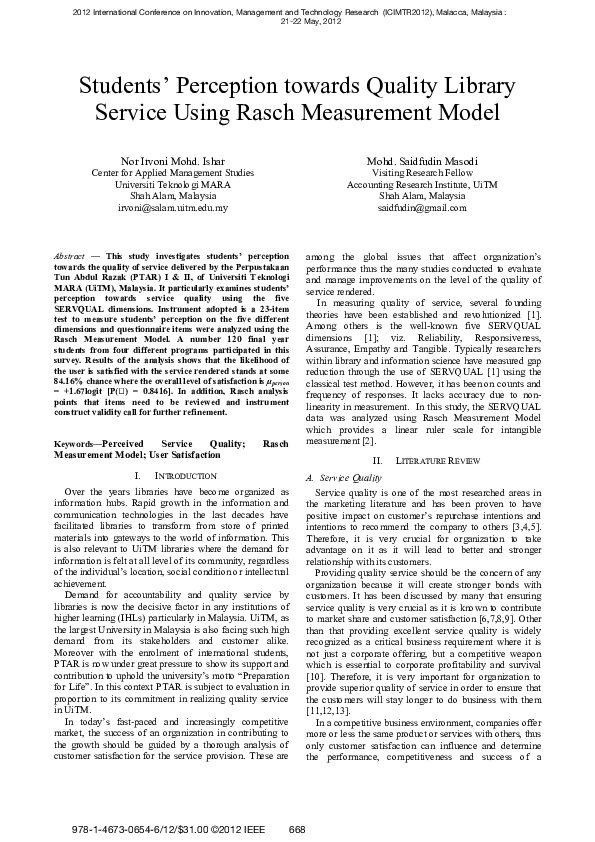 (PDF) Students’ Perception towards Quality Library Service Using Rasch Measurement Model