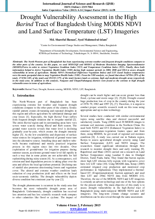 (PDF) Drought Vulnerability Assessment in the High Barind Tract of Bangladesh Using MODIS NDVI ...