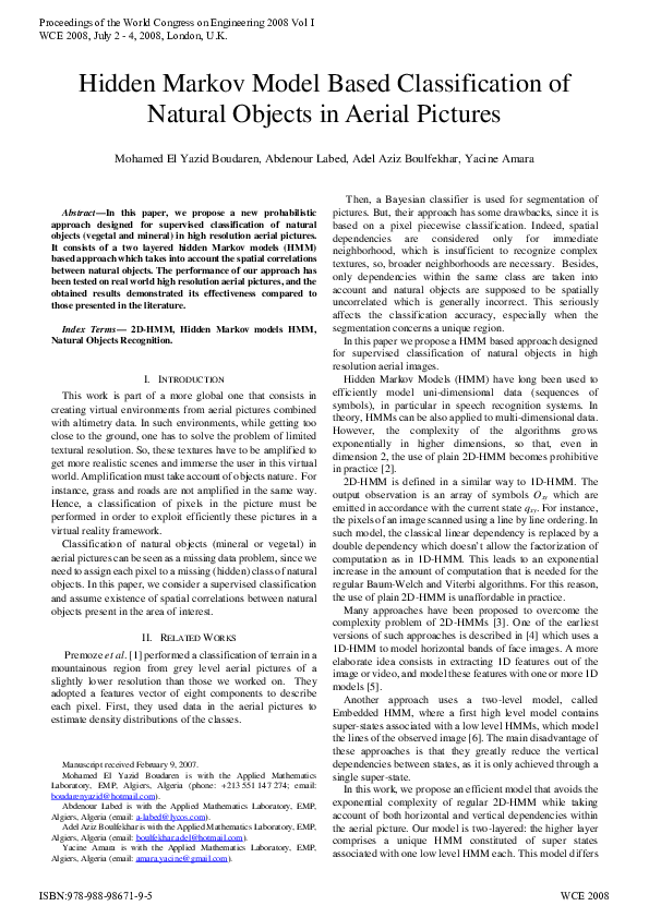 (PDF) Hidden Markov Model Based Classification of Natural Objects in Aerial Pictures