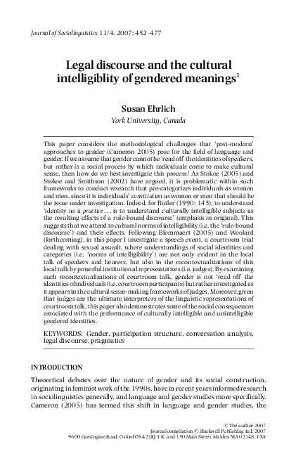 (PDF) Legal discourse and the cultural intelligiblity of gendered meanings
