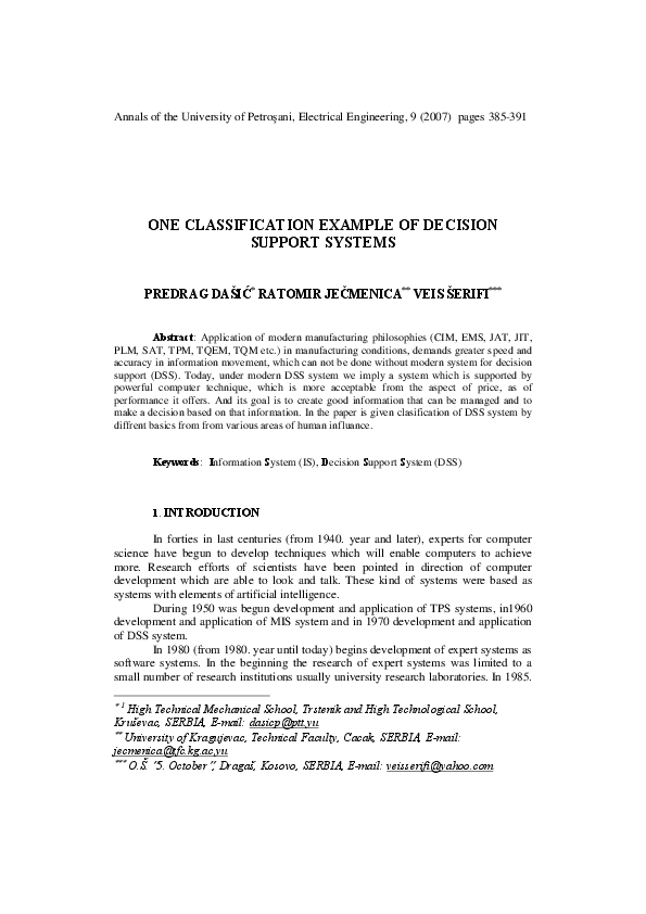 (PDF) One classification example of decision support systems