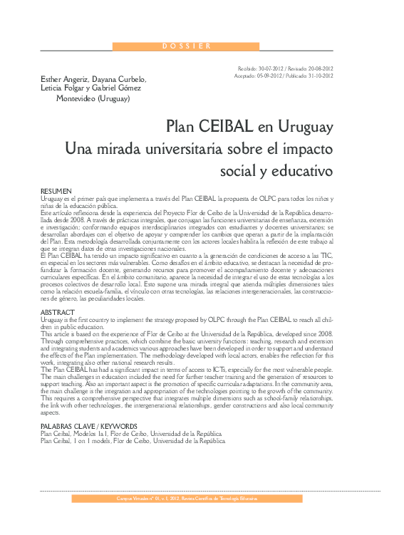 (PDF) Plan CEIBAL en Uruguay Una mirada universitaria sobre el impacto social y educativo