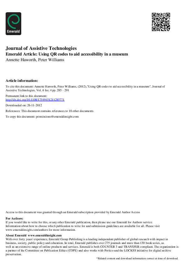 (PDF) Using QR codes to aid accessibility in a museum