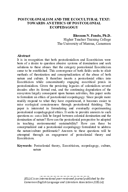 (PDF) Postcolonialism and the Ecocultural Text: Towards an Ethics of ...