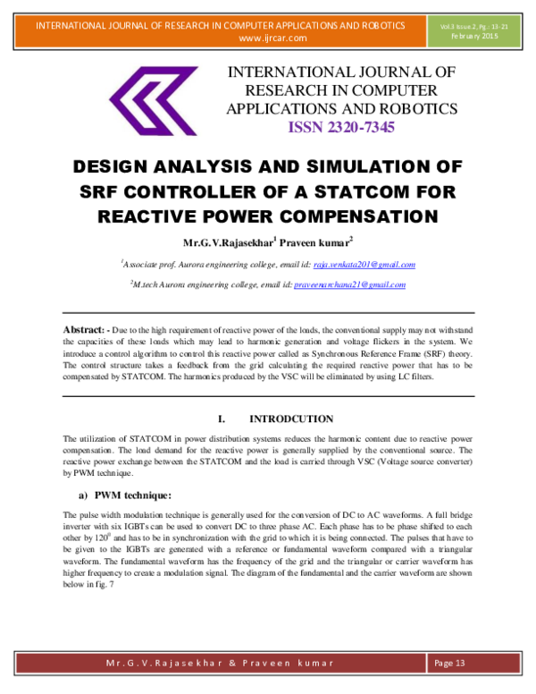 Pdf Design Analysis And Simulation Of Srf Controller Of A Statcom For Reactive Power 