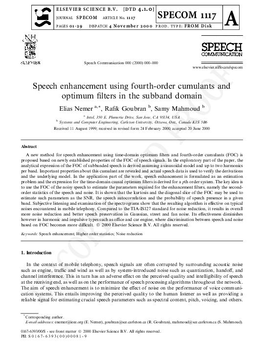 (PDF) Speech enhancement using fourth-order cumulants and time-domain optimal filters