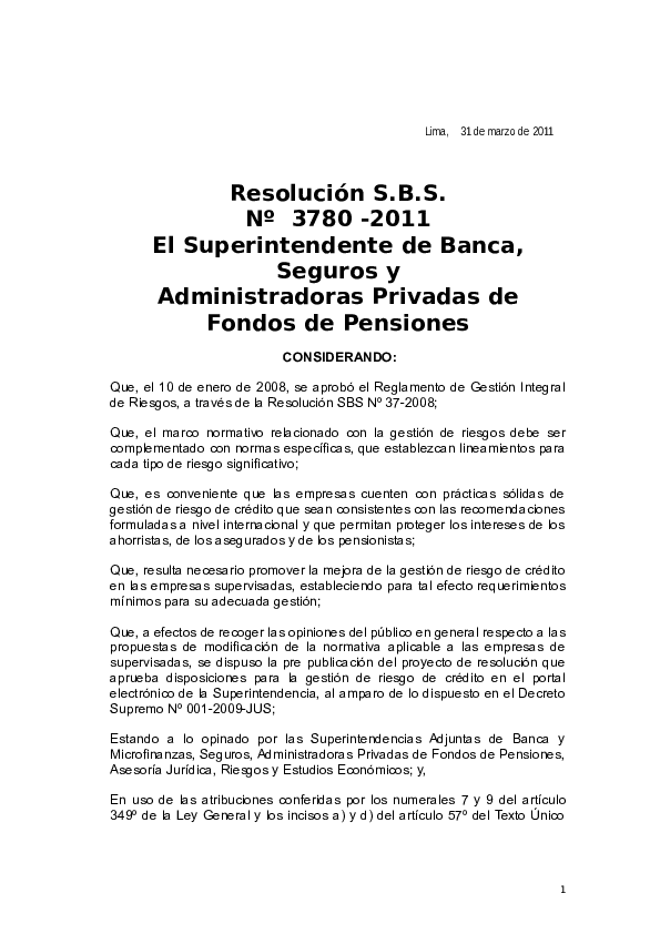 (DOC) Lima, 31 de marzo de 2011 Resolución S.B.S. Nº 3780 -2011 El Superintendente de Banca ...