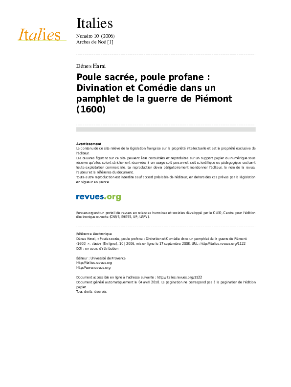 (PDF) Poule sacrée, poule profane : Divination et Comédie dans un ...