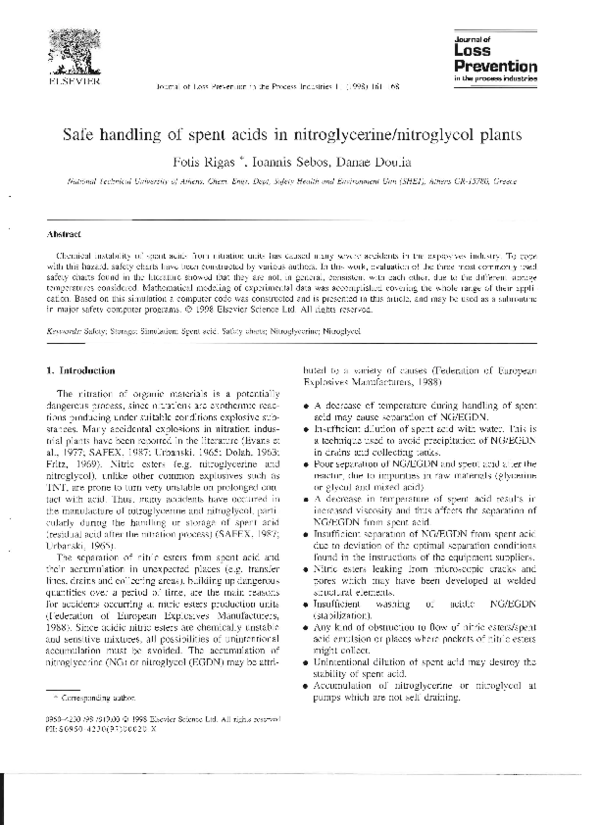 (PDF) Safe handling of spent acids in nitroglycerine/nitroglycol plants